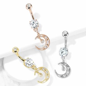 CZ Paved Crescent Moon Dangle Navel Belly Button Ring - Rose Gold