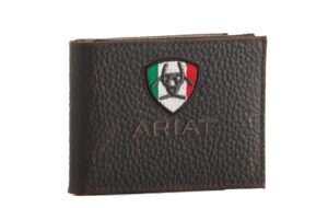 ariat men's brown leather bifold wallet with mexico flag logo