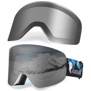 RABIGALA Ski Goggles with Detachable Lens, Frameless Magnetic Interchangeable Lens Anti-Fog 100% UV Protection Snowboard Snow Goggles (silver/silver)