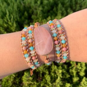 YGLINE Natural Stone Bracelet 5 Wraps Bracelet Handmade Blue Color Boho Bracelet for Women Bracelet (Rose Quartz 2)