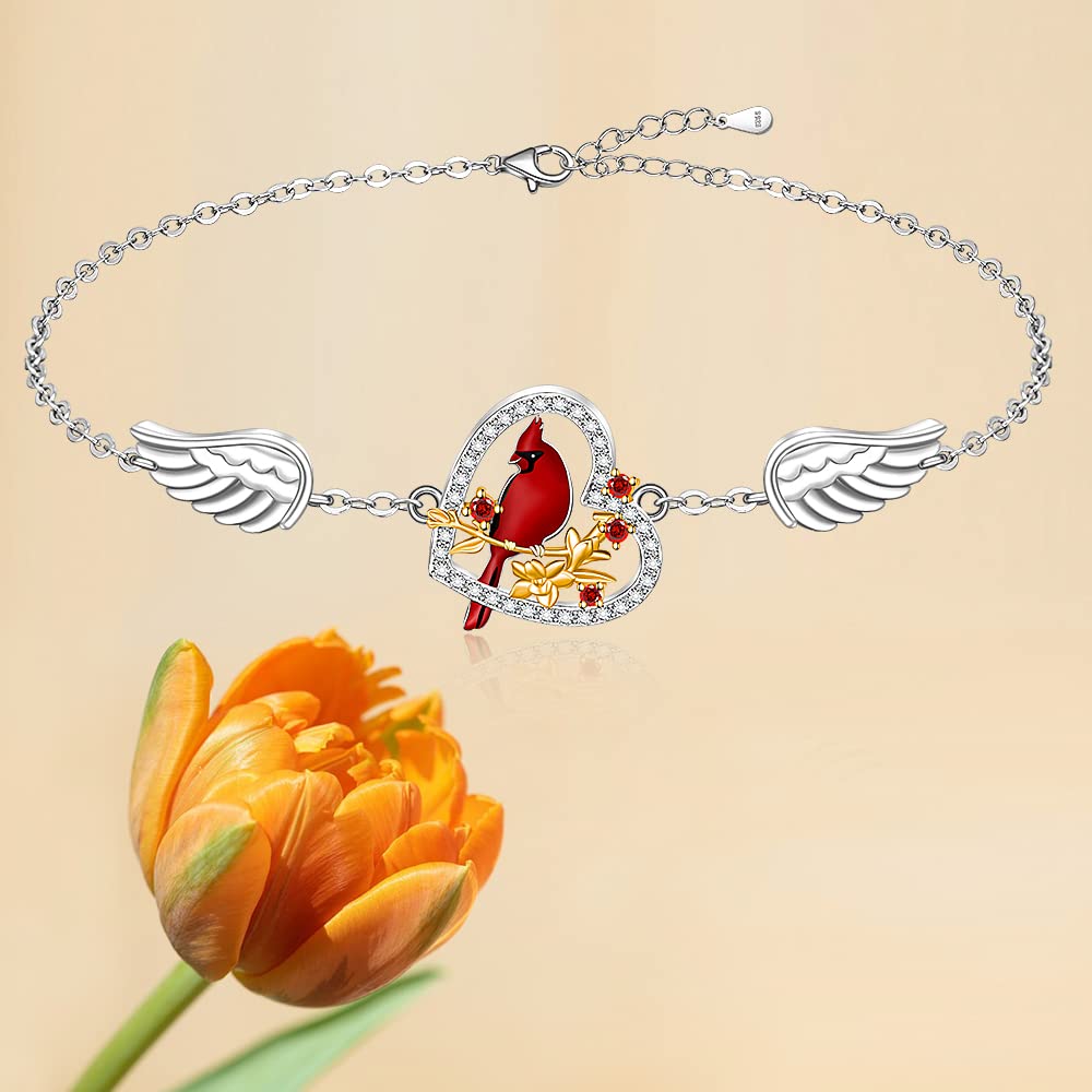 Red Cardinal Bracelet for Women Sterling Silver Memorial Cardinal Appear When Angels Are Near Heart Bird Cardinal Bracelets Cute Jewelry for Loss of Loved One