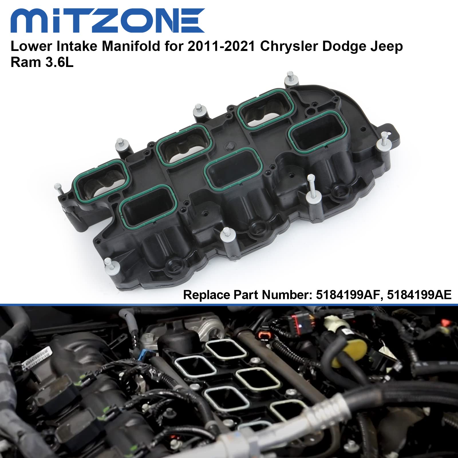 MITZONE Intake Manifold with Gasket Compatible with 2011-2018 Jeep Dodge RAM Chevy 3.6L V6 Vehicles Grand Cherokee Wrangler Journey Grand Caravan Town Country Replace 05184199AF