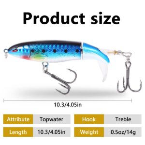 6Pcs Bass Fishing Lures, Whopper Popper Lure, Floating Surface Hard Swimbait with Rotating Tails, Lifelike Spinner Action Lures with Heavy Duty Hooks