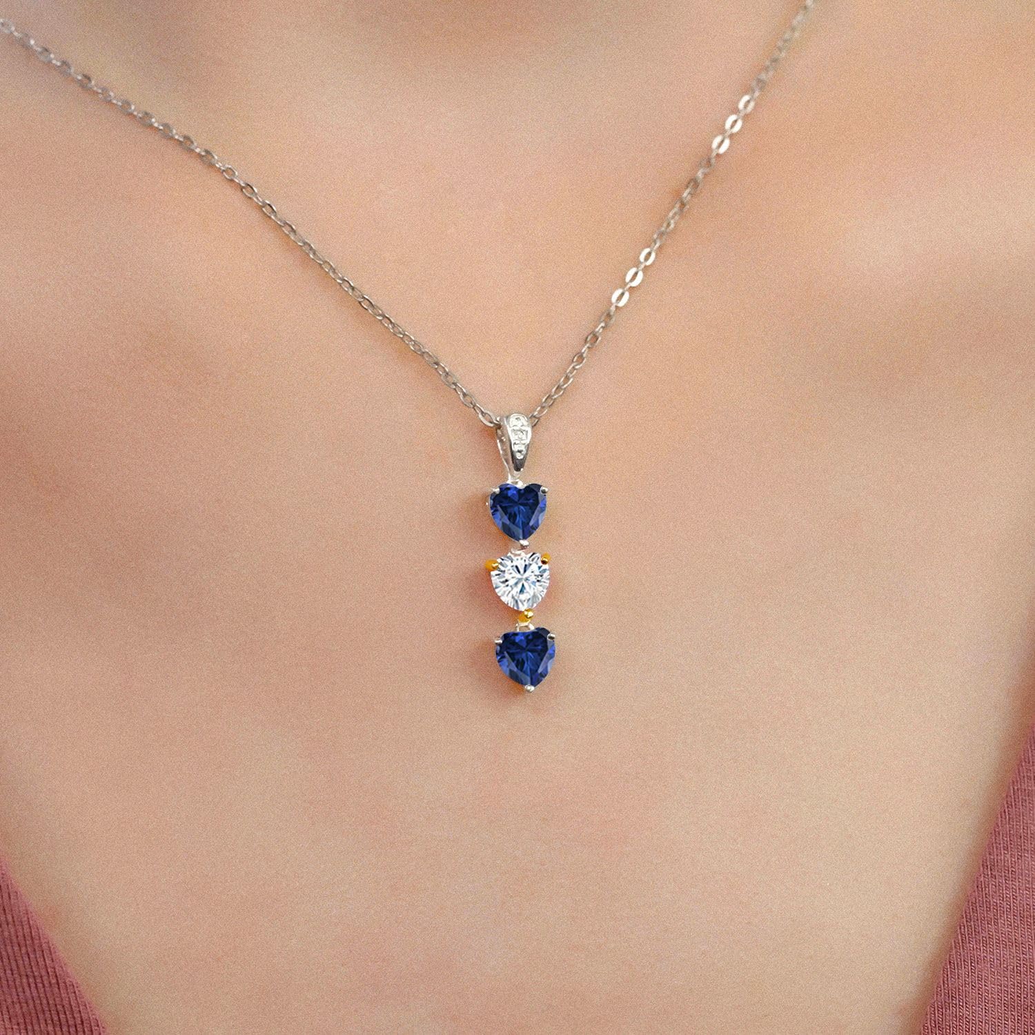 Gem Stone King 925 Silver and 10K Yellow Gold Blue Created Sapphire Moissanite and White Lab Grown Diamond 3 Stone Heart Shape Pendant Necklace By Keren Hanan (1.43 Cttw, with Chain)