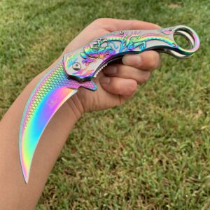 super knife dark side blades dragon knife 9-'' spring assisted folding pocket knife color coated. fantasy knife for hunting, camping (rainbow)