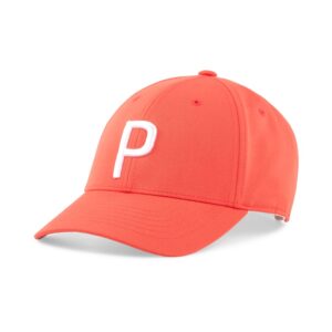 puma golf women's pony p hat, hot coral-bright white, one size