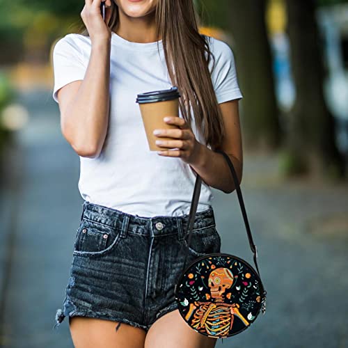 Day of the Dead Skull Flowers Crossbody Bag for Women Teen Girls Round Canvas Shoulder Bag Purse Tote Handbag Bag