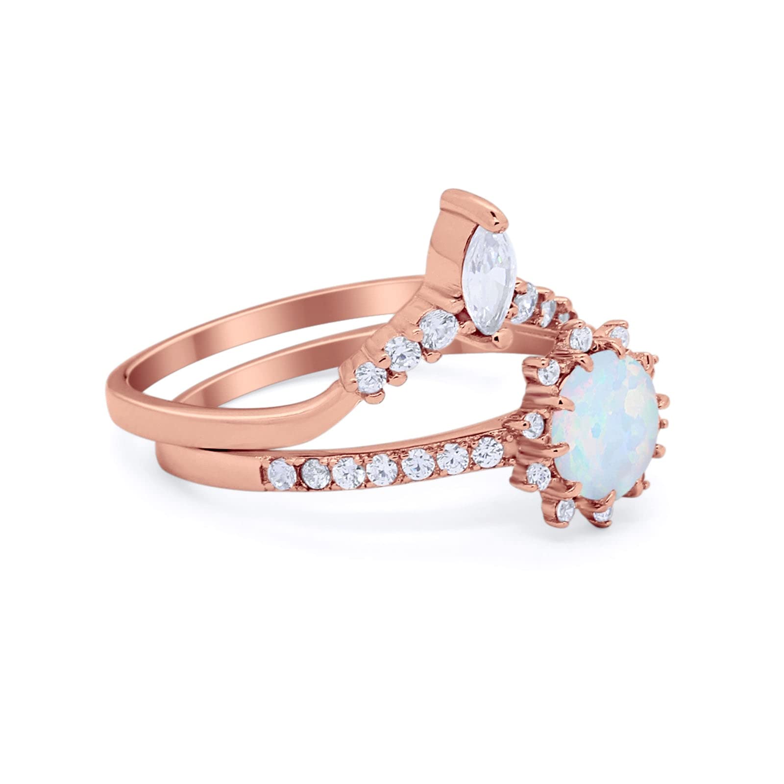 Blue Apple Co. Two Piece Art Deco Bridal Set Ring Band Round Marquise Rose Tone, Lab White Opal 925 Sterling Silver Size-9