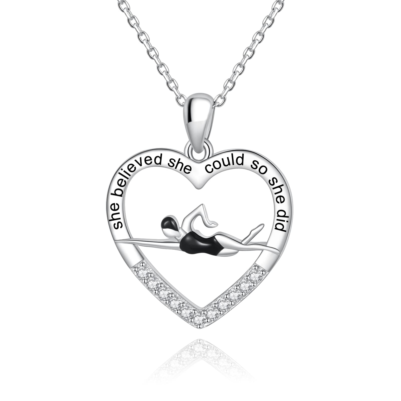 JXJL Swimming Pendant Necklace for Swimmer Athletes S925 Sterling Silver Inspirational Gift Jewelry for Swimming Lovers Woman