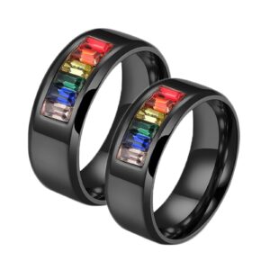 couples matching rings custom, stainless steel engagement rings size 7 and size 8 black lgbt ring with rainbow cubic zirconia