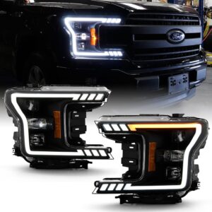 acanii - for [halogen model] 2018-2020 ford f150 black smoked switchback signal led tube projector headlights headlamps, cyber black