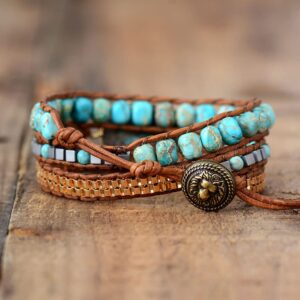 ZOSOJONA Women Wrap Bracelets Boho Natural Stone Jasper Turquoises Strand Bracelet Jewelry Collection (Gold Turquoise)