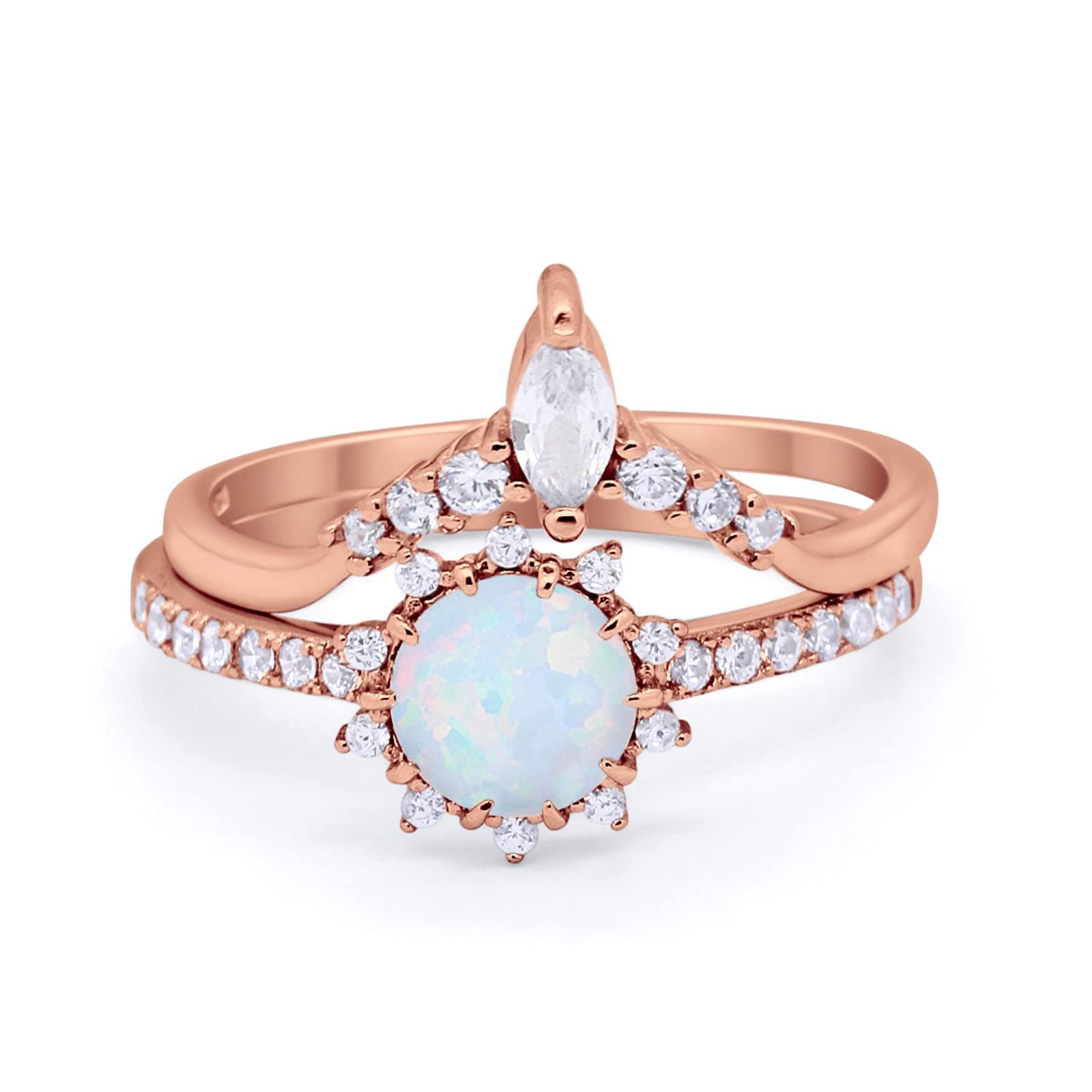 Blue Apple Co. Two Piece Art Deco Bridal Set Ring Band Round Marquise Rose Tone, Lab White Opal 925 Sterling Silver Size-9