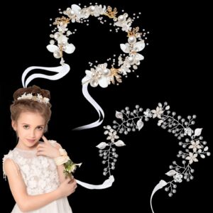 wedding flower girl headband 2 pieces vine rhinestone faux pearl hair piece wedding headpiece for bride beads crystal headpiece silver bridal hair accessories for girls brides communion party prom