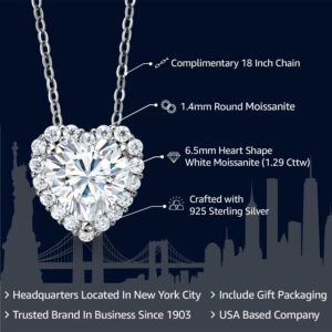 Gem Stone King 925 Sterling Silver White Moissanite Heart Shape Pendant Necklace For Women (1.29 Cttw, Heart 6.5MM, with 18 Inch Chain)