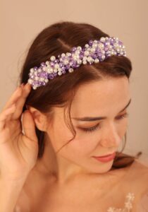 kercisbeauty purple crystal and pearl hair tiara for girls prom wedding bridal handmade crown women special occasion boho jewelry (purple)