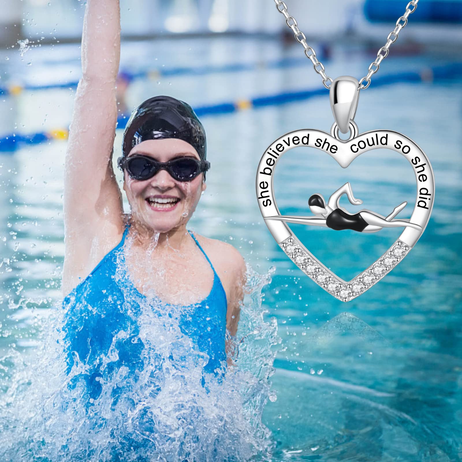 JXJL Swimming Pendant Necklace for Swimmer Athletes S925 Sterling Silver Inspirational Gift Jewelry for Swimming Lovers Woman