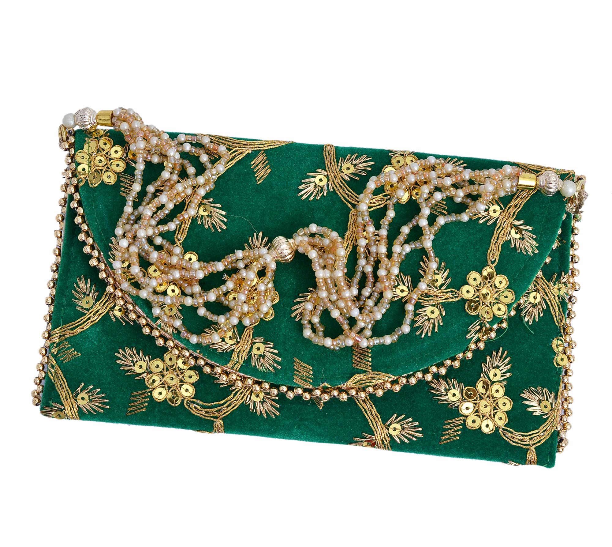 Truesellershop Indian Women's Stylish Zari Velvet Clutch Golden Embroidery Tote Bag Wrist Bag Purse Pearl Handle Evening Clutch Wedding Purse for Girls (Green)