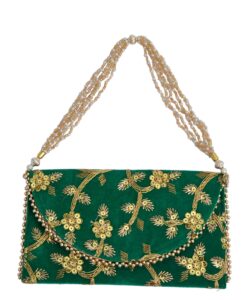 truesellershop indian women's stylish zari velvet clutch golden embroidery tote bag wrist bag purse pearl handle evening clutch wedding purse for girls (green)