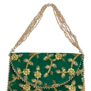 Truesellershop Indian Women's Stylish Zari Velvet Clutch Golden Embroidery Tote Bag Wrist Bag Purse Pearl Handle Evening Clutch Wedding Purse for Girls (Green)