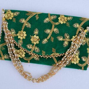 Truesellershop Indian Women's Stylish Zari Velvet Clutch Golden Embroidery Tote Bag Wrist Bag Purse Pearl Handle Evening Clutch Wedding Purse for Girls (Green)