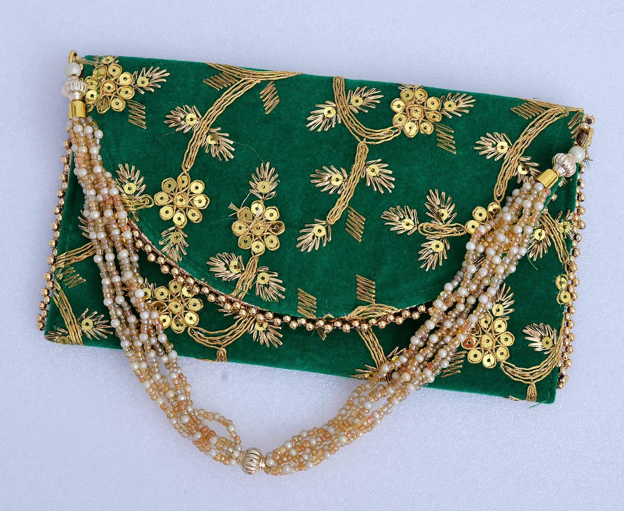 Truesellershop Indian Women's Stylish Zari Velvet Clutch Golden Embroidery Tote Bag Wrist Bag Purse Pearl Handle Evening Clutch Wedding Purse for Girls (Green)