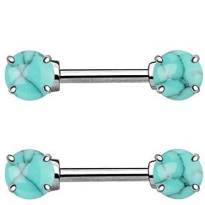 Pair 14g 1/2" (12mm) 316L Surgical Steel Semi Turquoise Stone Nipple Rings