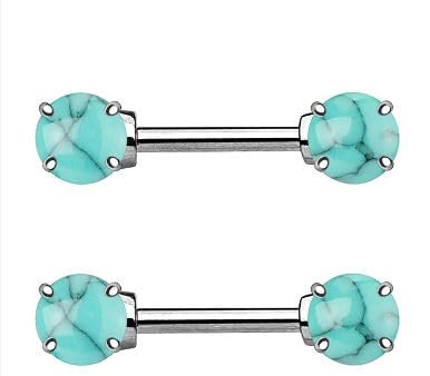 Pair 14g 1/2" (12mm) 316L Surgical Steel Semi Turquoise Stone Nipple Rings