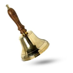 arsuk hand bell for adults, wooden handle large ringing call bells for sick person, seniors, teachers, patients, wedding, santa, christmas, services 23.8 x 10.7 x 10.5, 240gm (4" brass)