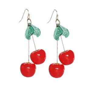 cherry cute earrings for women red funny drop dangle earring gold plated resin green leaf tassel