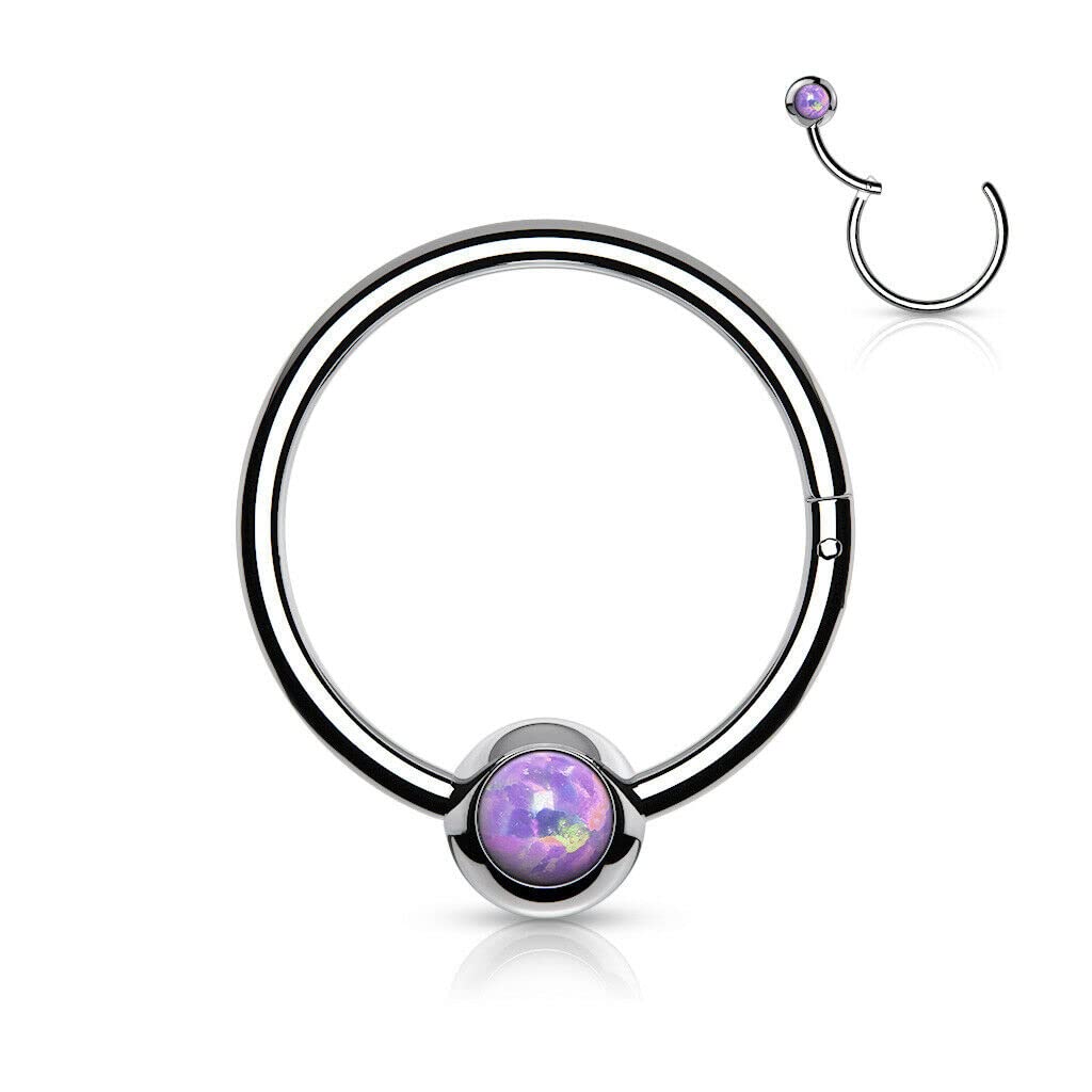 10mm Opal Set Ball Surgical Steel Hinge Hoop Segment Ring Nose Septum Ear Cartilage 18G - Steel/Opal Purple