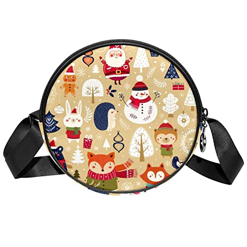 Animals & Santa Snowman Crossbody Bag for Women Teen Girls Round Canvas Shoulder Bag Purse Tote Handbag Bag