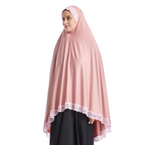 Women's Elegant Hijab Lace Trim Muslim Islamic Ramadan Soft Lightweight Hijab Long Scarf Pink