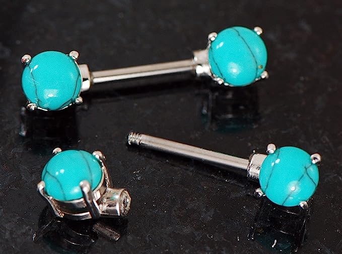 Pair 14g 1/2" (12mm) 316L Surgical Steel Semi Turquoise Stone Nipple Rings