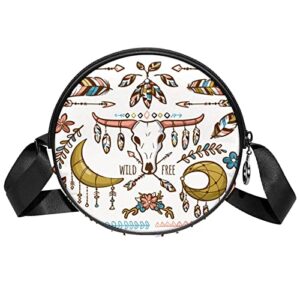 boho wild animal skull head feather crossbody bag for women teen girls round canvas shoulder bag purse tote handbag bag