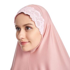 Women's Elegant Hijab Lace Trim Muslim Islamic Ramadan Soft Lightweight Hijab Long Scarf Pink