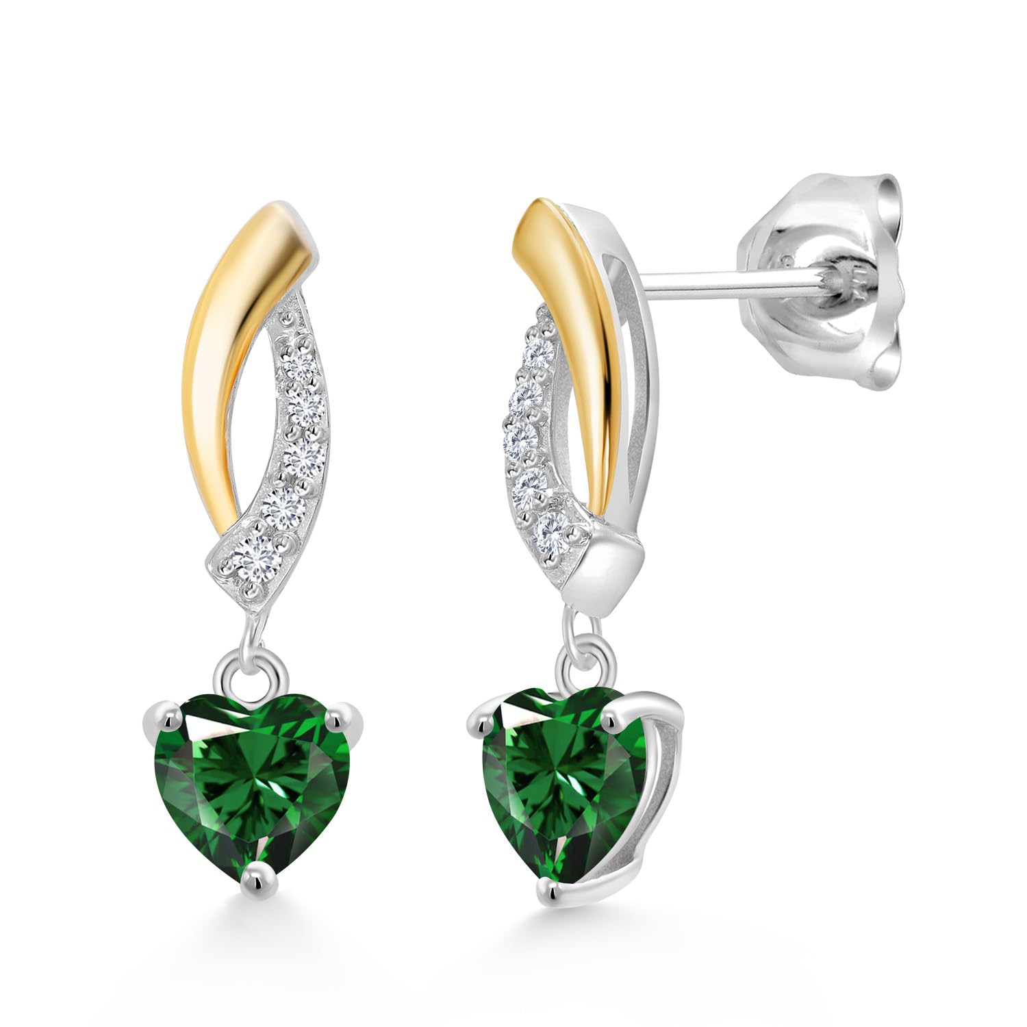 Gem Stone King 925 Silver and 10K Yellow Gold Green Nano Emerald and White Lab Grown Diamond Dangle Earrings For Women | 1.07 Cttw | Gemstone May Birthstone | Heart Shape 5MM