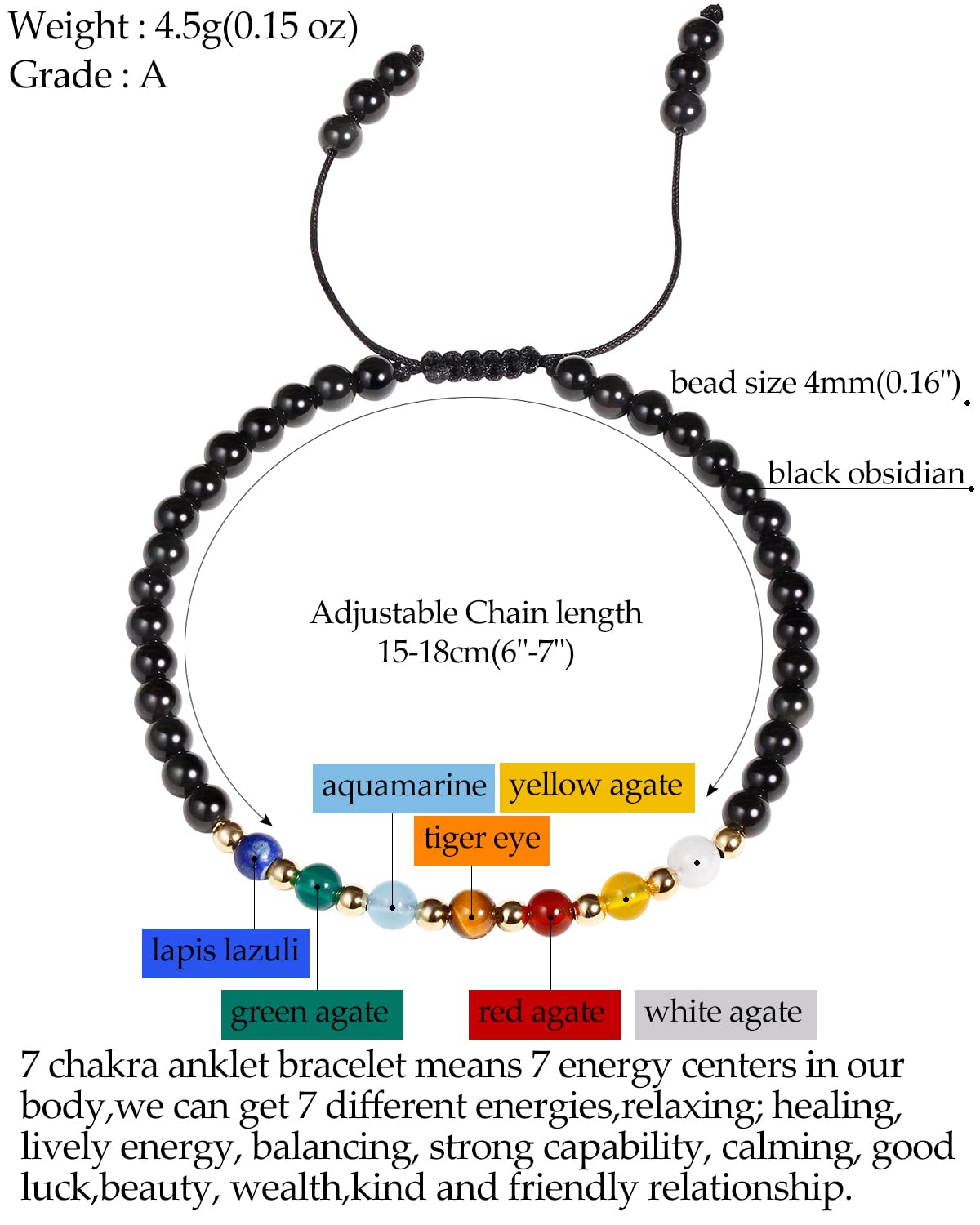 Jewever 7 Chakra Bracelets for Women Real Stone Lucky Rope Crystal Bead Bracelet Crystals and Healing Stones Jewelry Birthday Gifts (Black Obsidian)