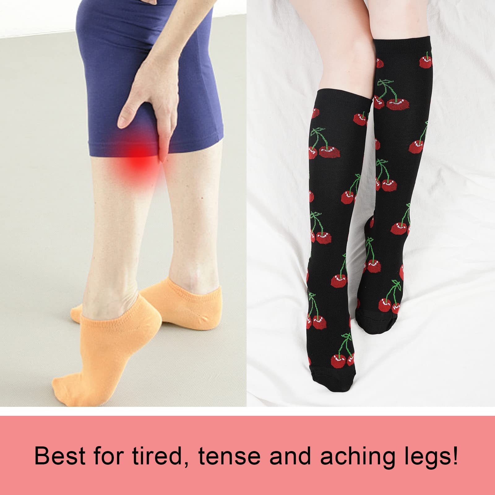 Junely Compression Socks for Women 20-30 mmhg Cherry Knee High Socks for Support Nurses Pregnancy Flying Sports Travel Running Swelling Black