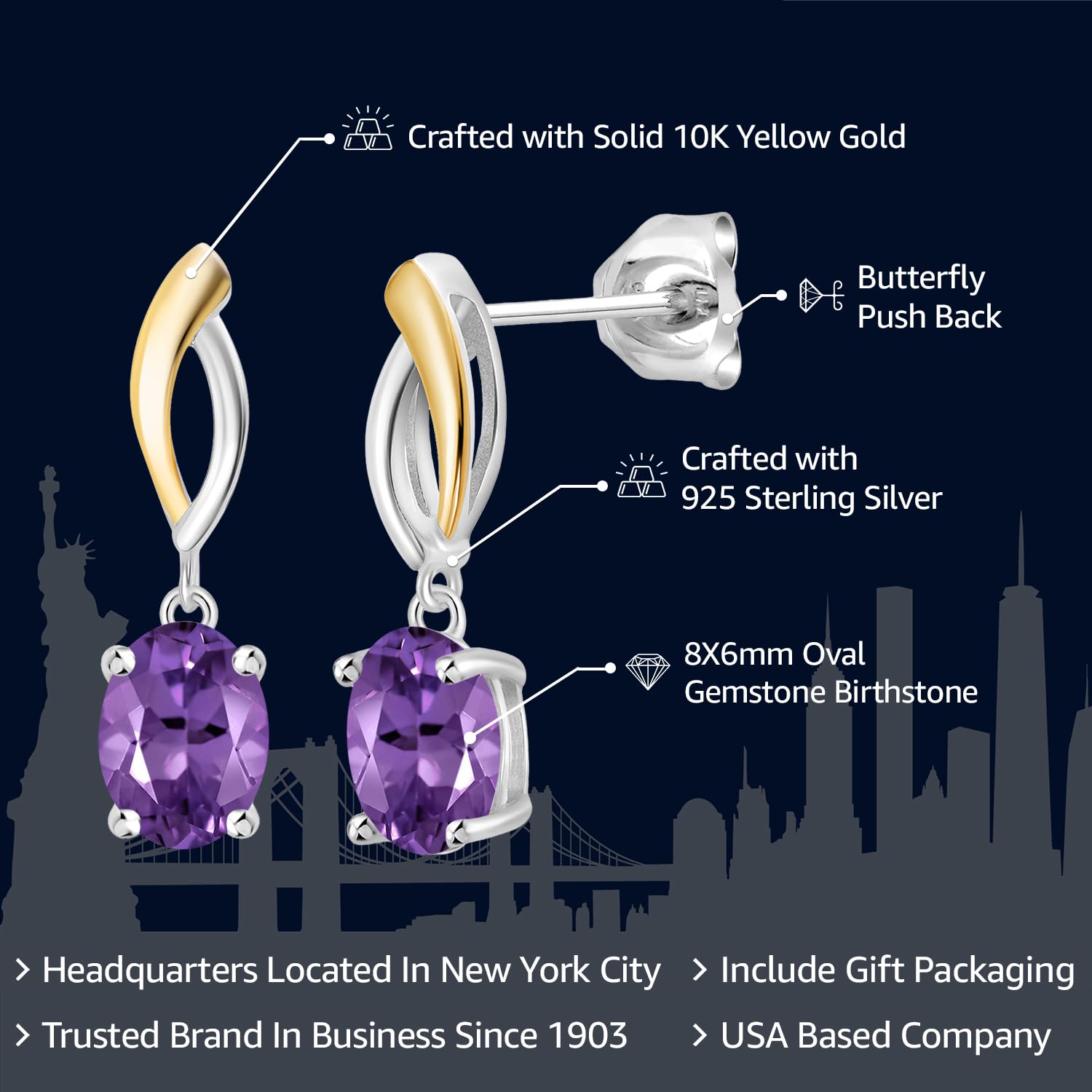 Gem Stone King 925 Sterling Silver and 10K Yellow Gold 8X6MM Oval Gemstone Birthstone Infinity Dangle Drop Earrings For Women