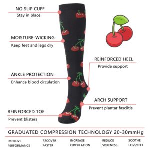 Junely Compression Socks for Women 20-30 mmhg Cherry Knee High Socks for Support Nurses Pregnancy Flying Sports Travel Running Swelling Black