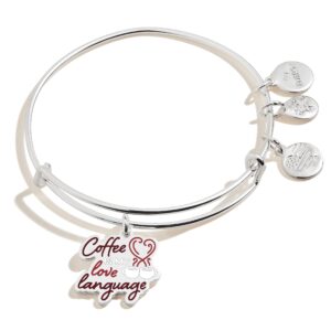 alex and ani expandable bangle for women, coffee is my love language charm, shiny silver finish, 2 to 3.5 in