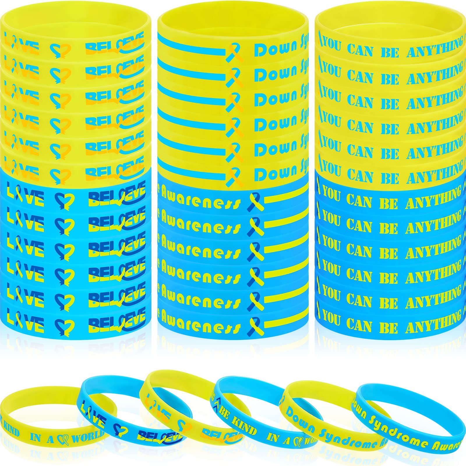 Chivao Down Syndrome Awareness Silicone Bracelet Wristband Blue Yellow Bracelets for Women Men (36 Pcs)