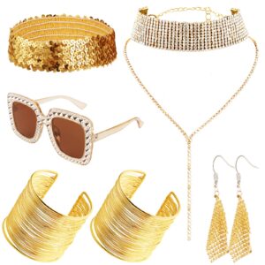 beupy 7 pcs gold disco set 1970s disco accessories disco set square sparkling sunglasses wire metal coil bracelets glitter layered necklace metal mesh grid tassel dangle earrings sequin headband