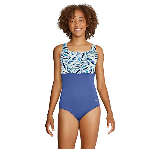 Speedo Women's Standard Swimsuit One Piece Adjustable Square Neck Moderate Cut, Watercolor Leaves Bright Cobalt, 14