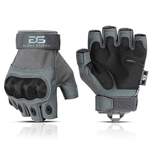 Glove Station The Combat - Fingerless Knuckle Tactical Gloves for Men - Motorcycle Gloves for Tactical Shooting, Airsoft, Hunting, Police Work and Hiking - Gray, Small