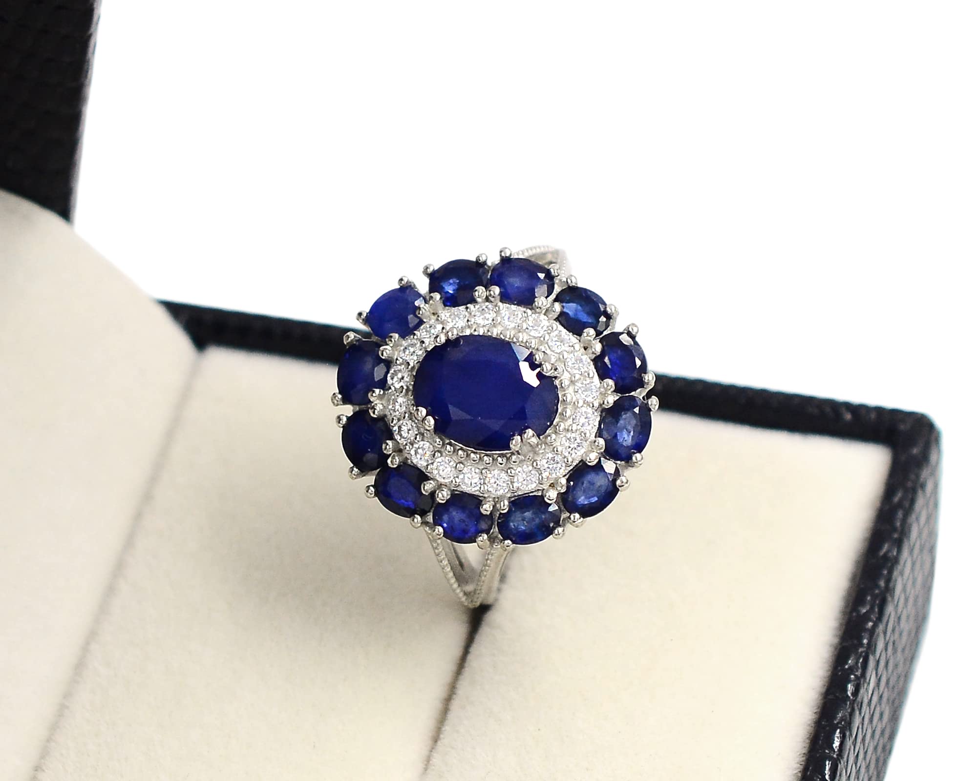 September Birthstone Natural 9X7 MM Oval Cut Blue Sapphire Gemstone 925 Solid Silver Cluster Unisex Proposal Ring Wedding Jewelry For Bridal Gift (Rhodium Plated Silver, 6)