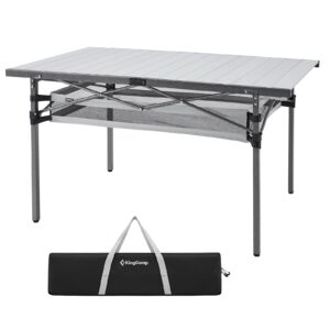 kingcamp spacious tabletop area aluminum compact roll 4-6 person stable adjustable feet table with carry bag for outdoor camp picnic, black/siver_53.5"×27.5" with storage layer