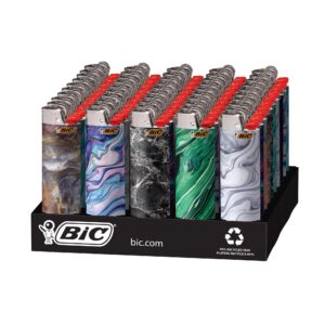 bic maxi pocket lighter, special edition marble collection, assorted unique lighter designs, 50 count tray of lighters