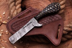 susa knives handmade damascus steel bull cutter knife, cowboy fixed blade knife, wood handle, edc knife pancake leather sheath gift for men